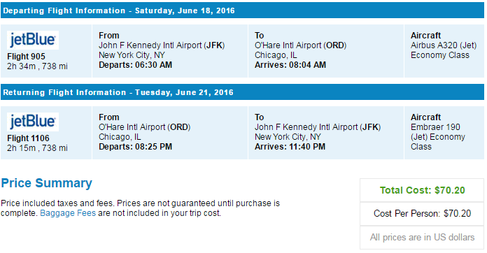 New York to Chicago (& vice versa) for only $70 roundtrip