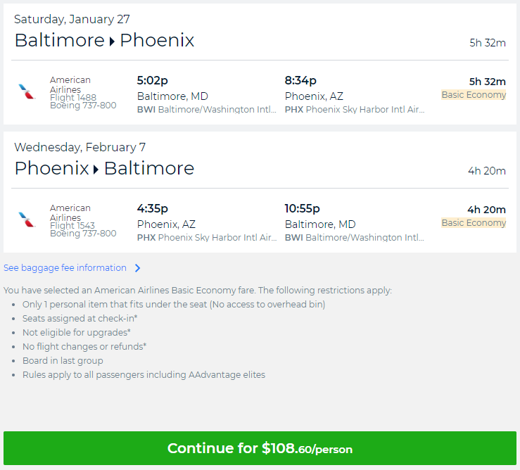 Non-stop from Baltimore to Phoenix (& vice versa) for only $108 roundtrip