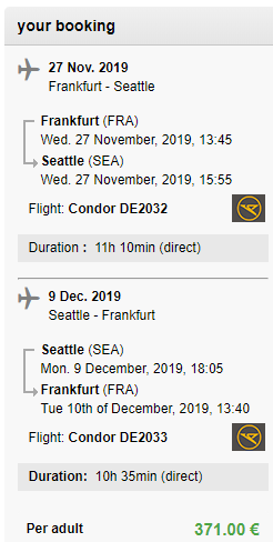 - Non-stop from Frankfurt, Germany to Seattle, USA for only €371 roundtrip