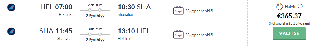 - Helsinki, Finland to Shanghai, China for only €365 roundtrip