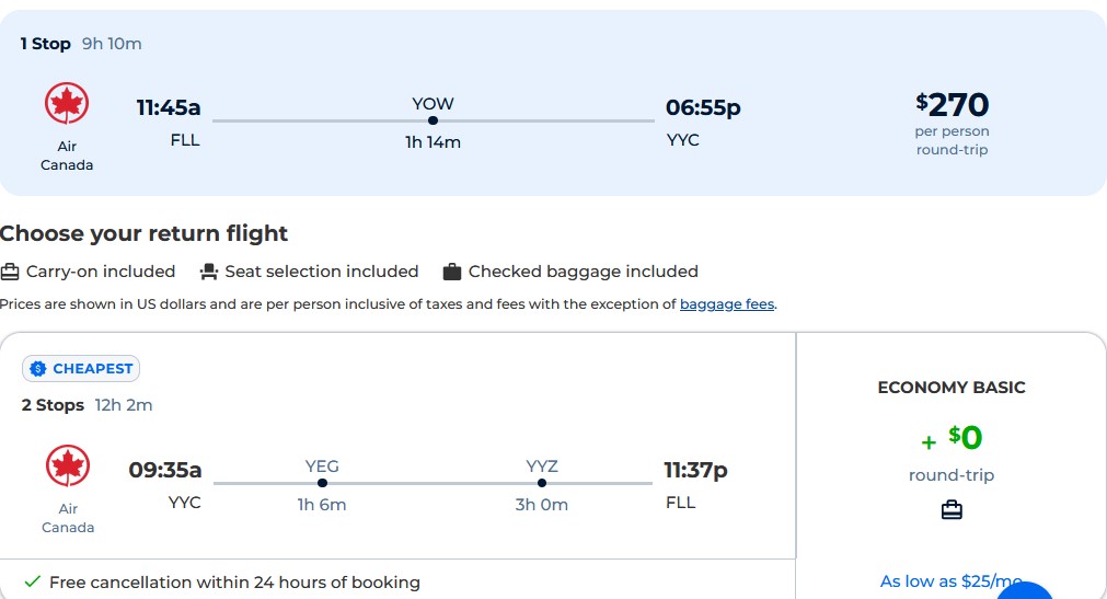 Fort Lauderdale to Calgary, Canada for only $270 roundtrip (Nov-Mar dates)