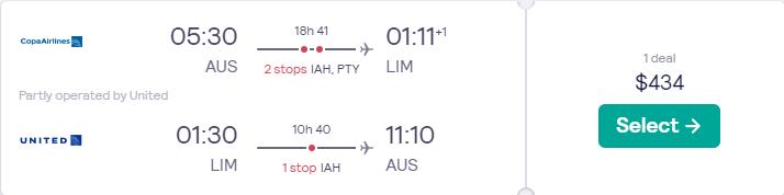 Austin, Texas to Lima, Peru for only $434 roundtrip (Sep-Mar dates)