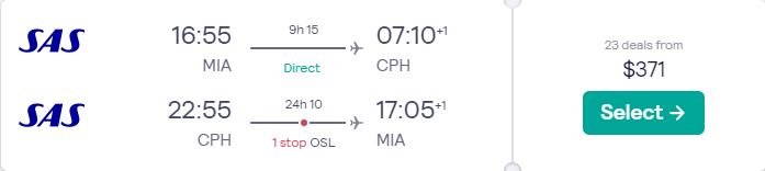 Miami to Copenhagen, Denmark for only $371 roundtrip (Oct-Mar dates)