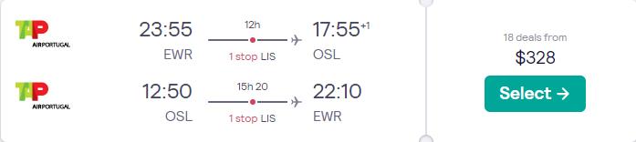 New York to Oslo, Norway for only $328 roundtrip (Nov-Mar dates)