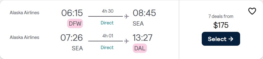 Non-stop from Dallas, Texas to Seattle (& vice versa) for only $175 ...