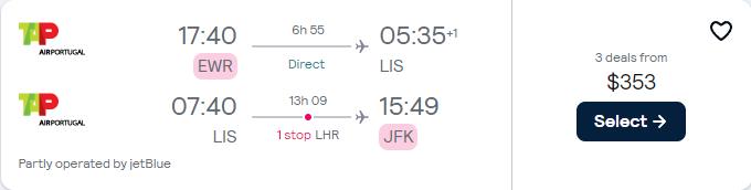 New York to Lisbon, Portugal for only $353 roundtrip